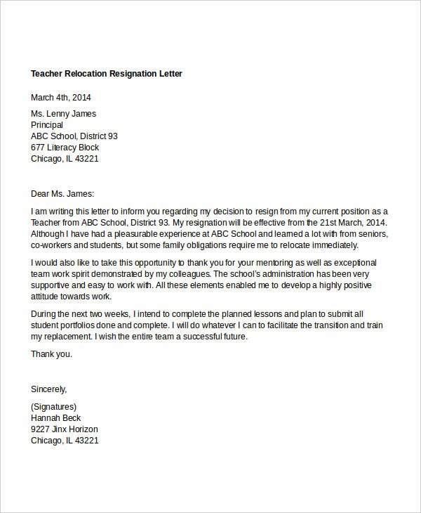 Resignation Letter Due To Migration Abroad Sample Resignation Letter