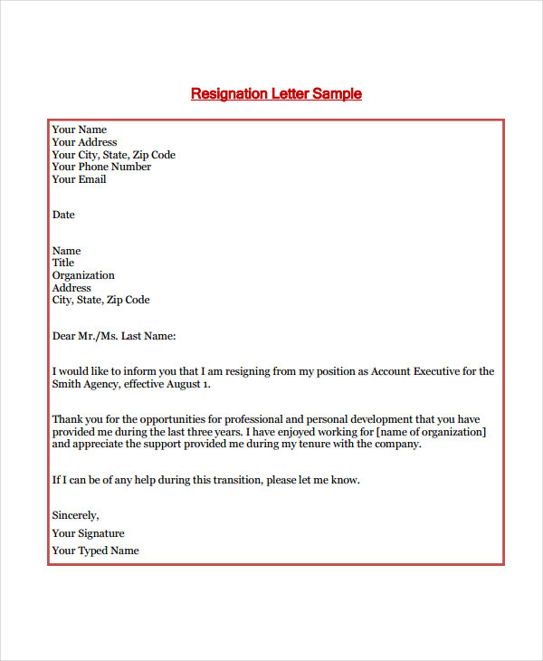 Standard Resignation Letter Template The Best Professional Template