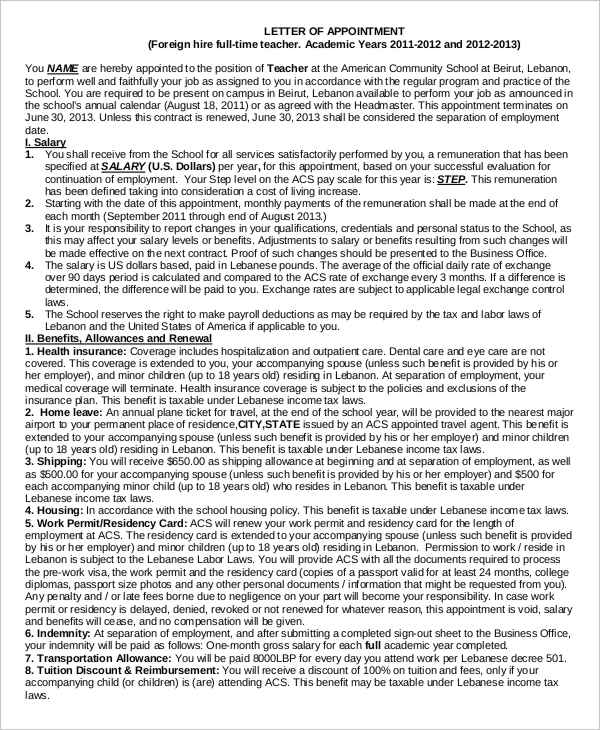 13+ Teacher Appointment Letters - Free Sample, Example Format Download