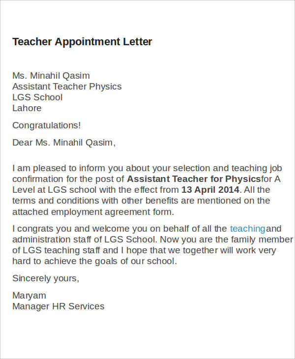 13+ Teacher Appointment Letters - Free Sample, Example Format Download