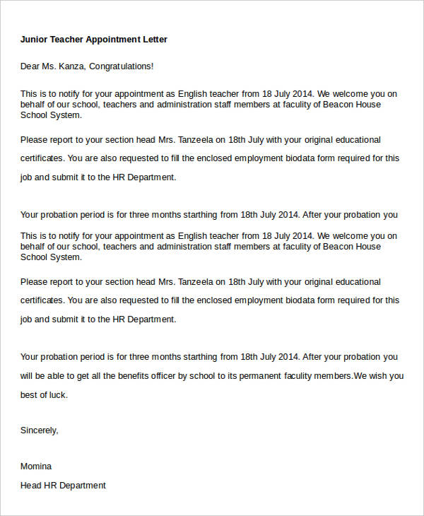 13+ Teacher Appointment Letters - Free Sample, Example Format Download