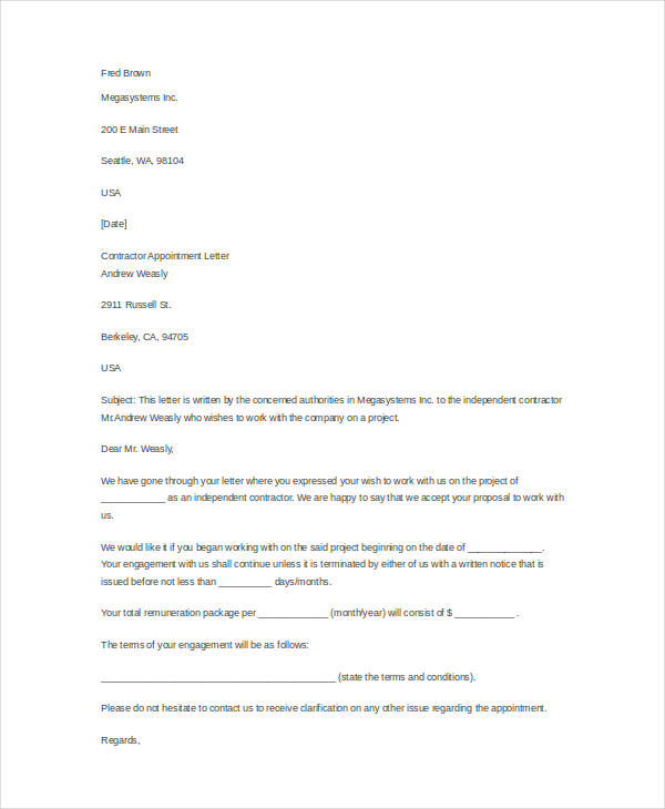 6+ Contractor Appointment Letter Templates - Free Samples, Examples ...