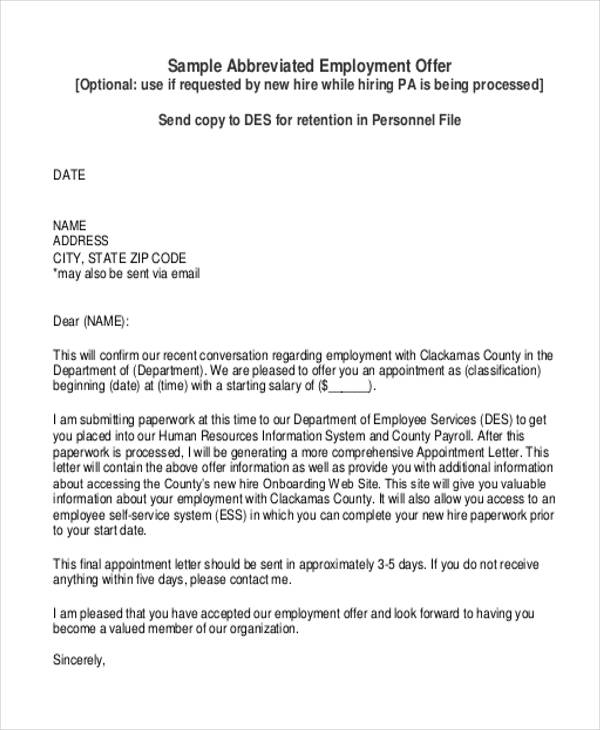 Sample Letter Hiring New Employee