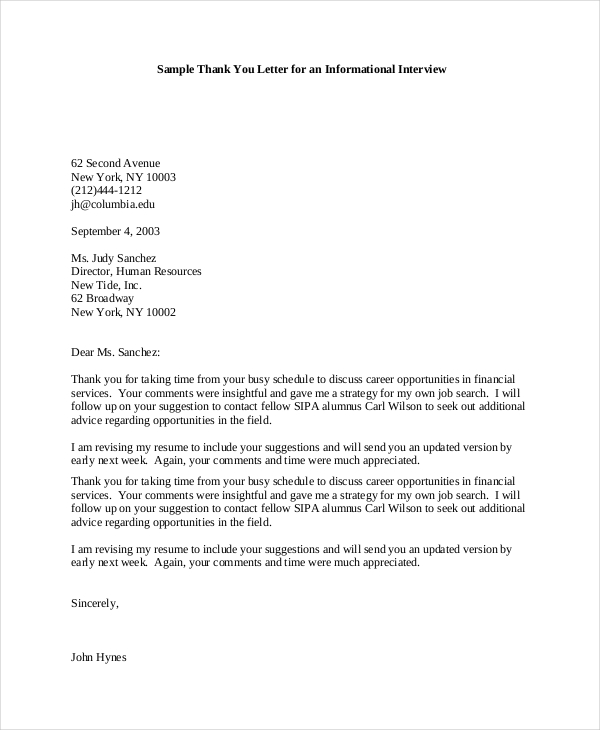 Informational Interview Thank You Letter Examples Database Letter 