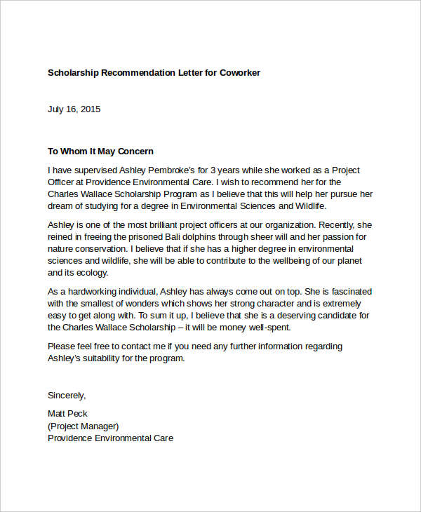 SAMPLE LETTER OF RECOMMENDATION FOR SCHOLARSHIP FROM COWORKER 