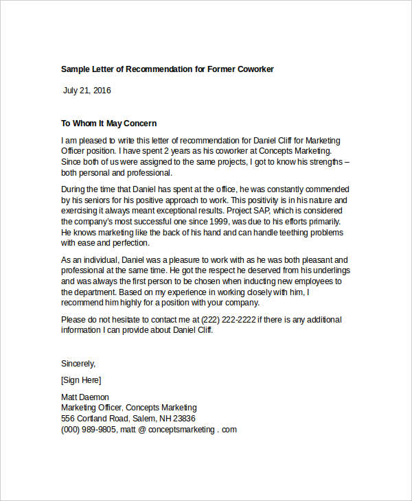Nomination Letter Sample For Coworker