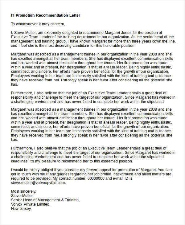 11+ Promotion Recommendation Letters - Free Sample, Example Format Download