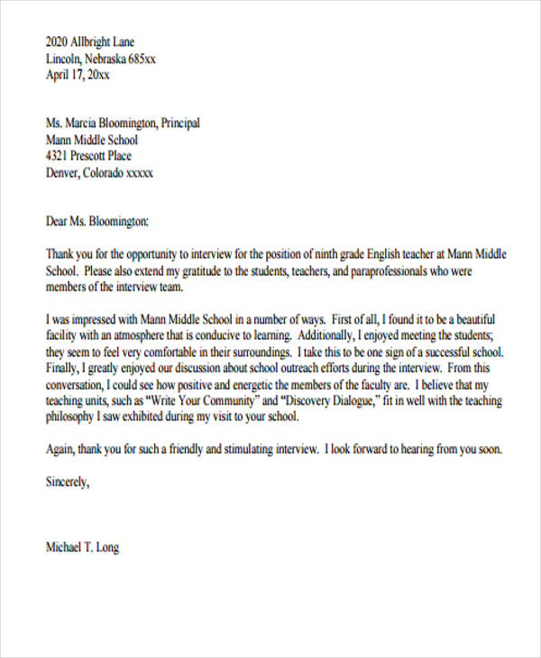 13 Sample Teacher Thank You Letters Free Sample Example Format Download