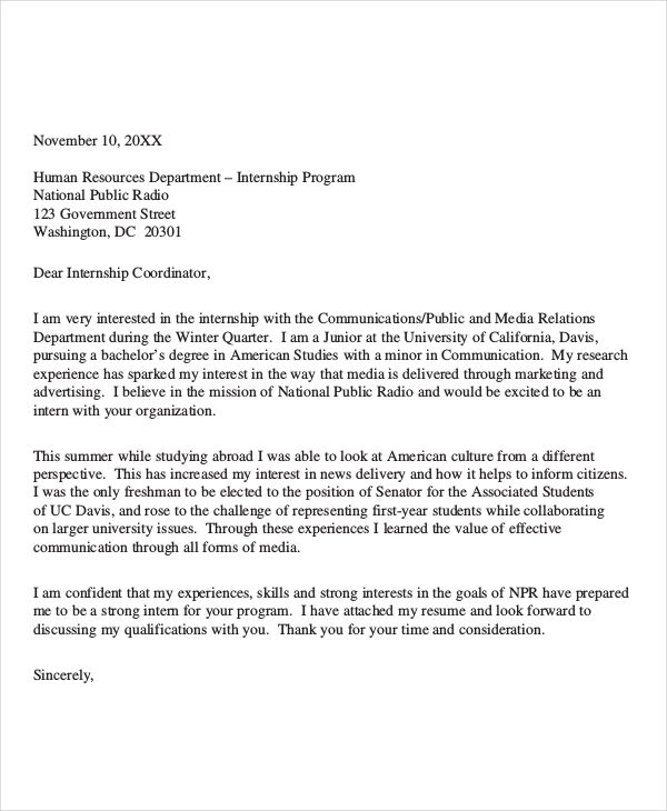 Job Application Letter After Internship Internship Cover Letter