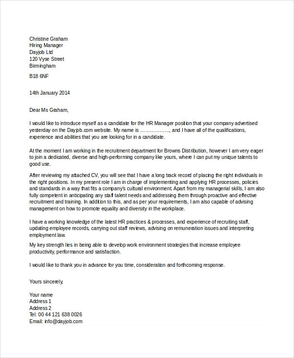 Sample Cover Letter For Human Resources Manager Onvacationswall