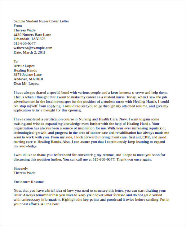 Application Letter Format For Nurses Nursing Application Letter