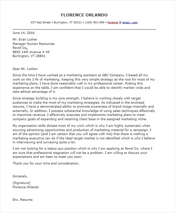 Application Letter Marketing Executive Sales Cover Letter Example