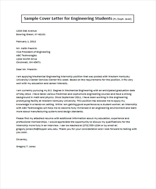 Cover Letter Engineer Email Engineering Cover Letter Example