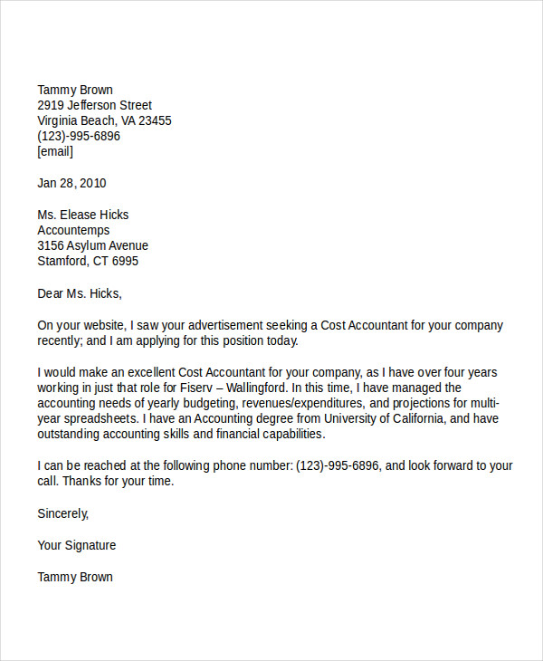 Job Application Letter Sample For Accountant