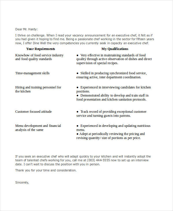 Job Application Letters For Chef 9 Free Word PDF Format Download