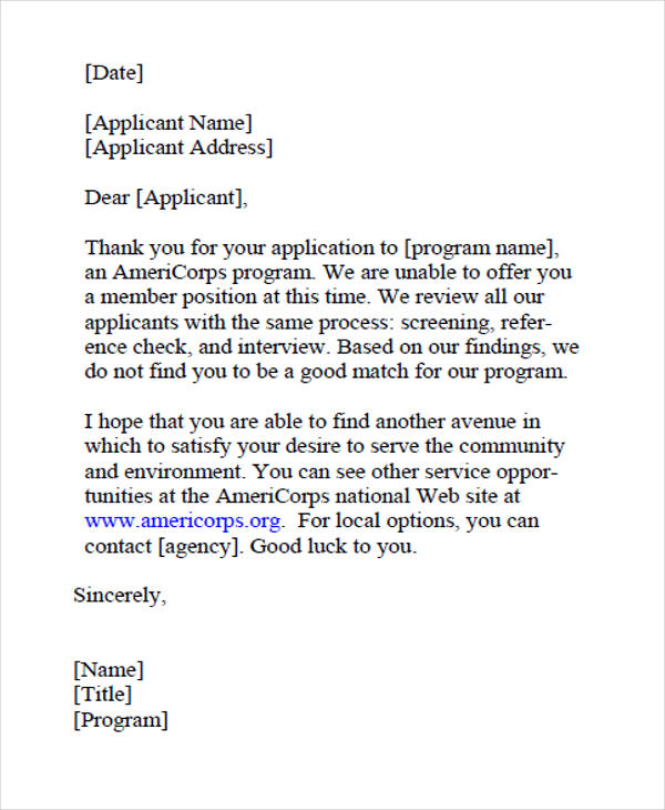 9+ Job Application Rejection Letters Templates for the Applicants - 9 ...