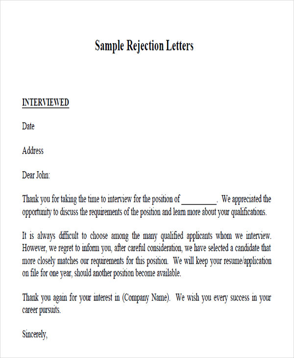 9+ Job Application Rejection Letters Templates for the Applicants - 9 ...
