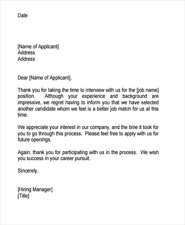 Sample Rejection Letter For Job Applicant