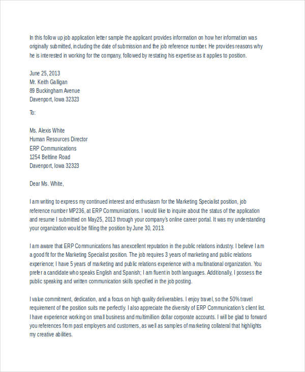 Sample Follow Up Letter For Job Application Status