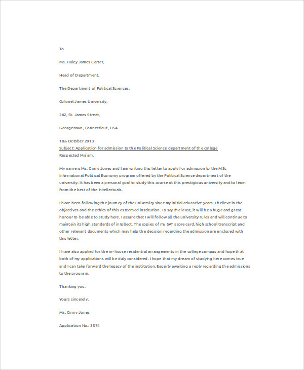 Example Of Application Letter For College Admission Sample College 