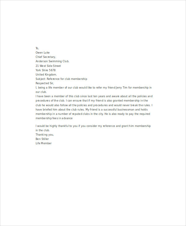 Letter Of Recommendation For Club Membership Example 