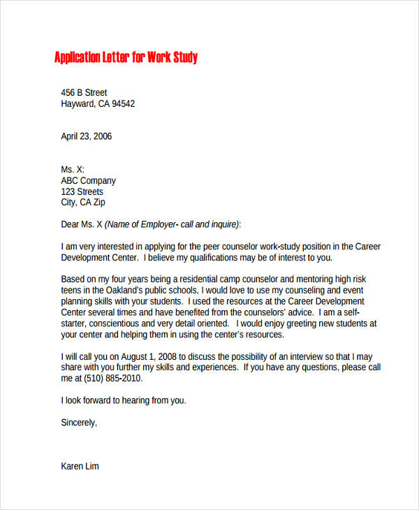 Work Application Letter Application Letter Sample For Working Student Dotaners