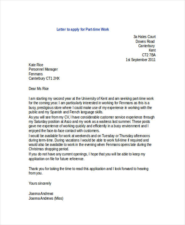 24+ Sample Work Application Letters