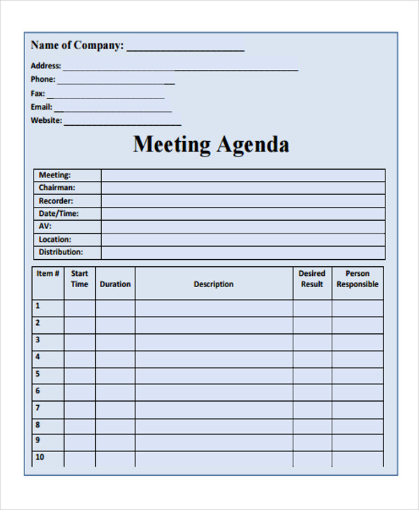 Blank Meeting Agenda Template