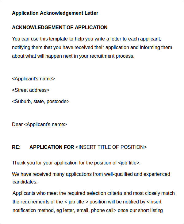 Sample Application Acknowledgement Letters - 8+ Free Sample, Example Format Download