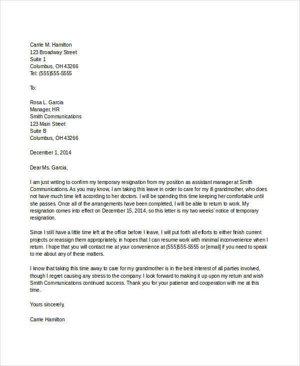 6+ Temporary Resignation Letters - Free Sample, Example Format Download