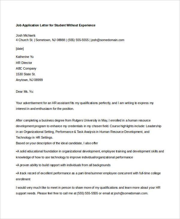 16 Sample Job Application Letters For Student Free Sample Example 