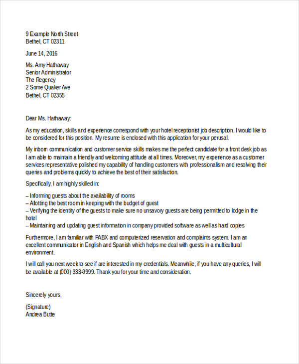 Application Letter For Hotel Job Sample