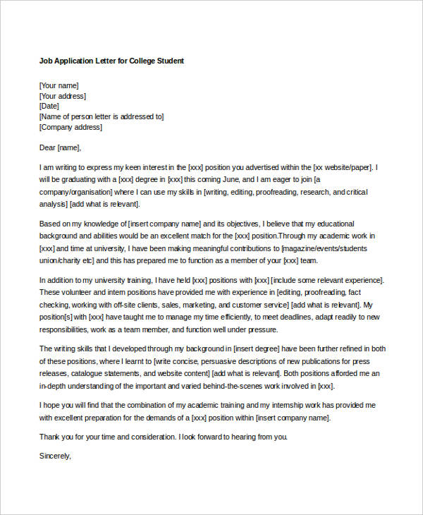 16+ Sample Job Application Letters for Student - Free Sample, Example ...