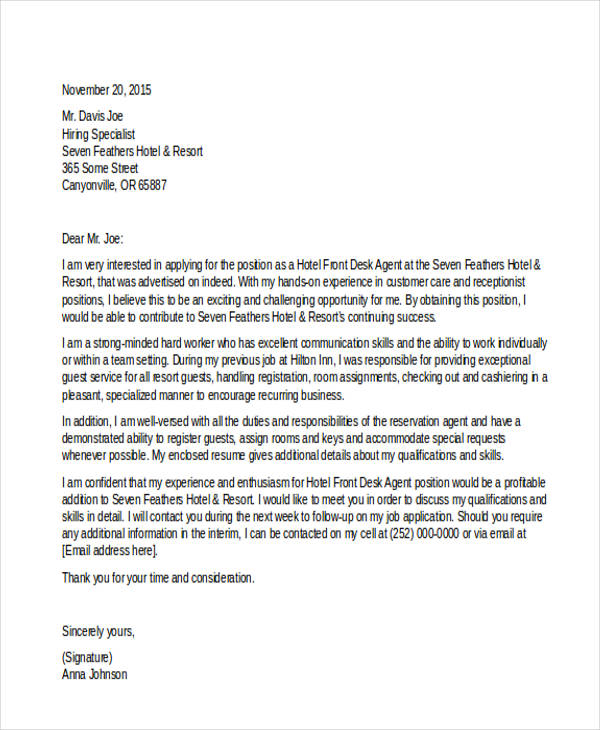 18+ Sample Job Application Letter for Receptionist