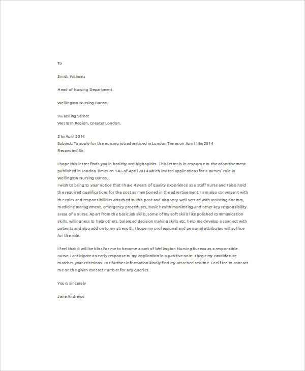 Application Letter For Job Order Nurse Nurse Cover Letter 1