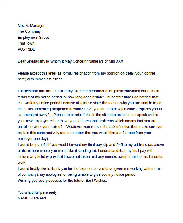Immediate Resignation Letter Templates 8 Free Word PDF Format Downlaod