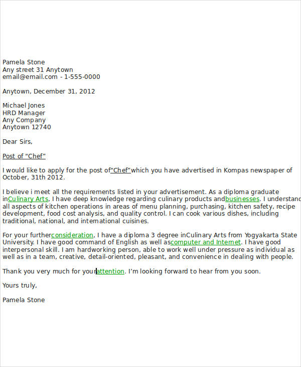 10 Job Application Letters For Chef Sample Example Format Download 10 Job Application Letters For Chef Sample Example Format Download