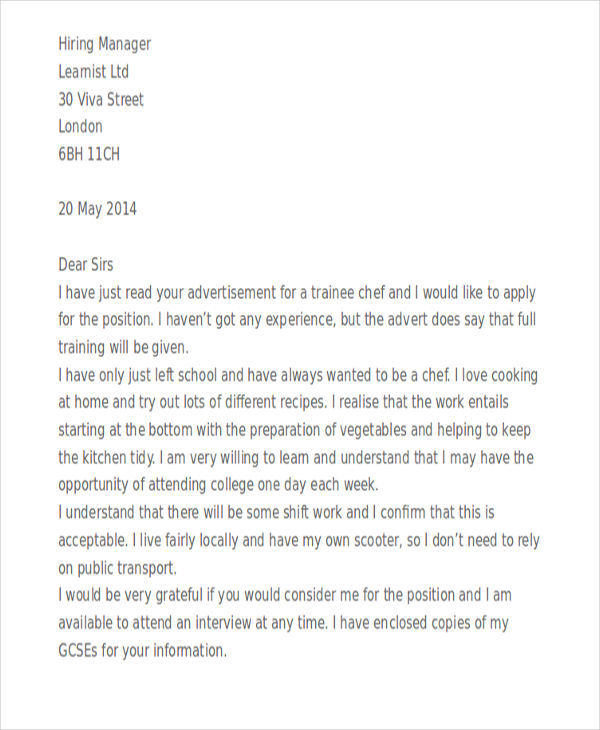 Apprentice Chef Cover Letter Perfect Design Comfortable