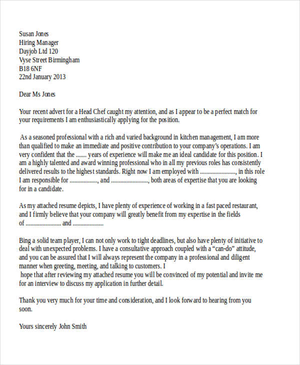 10+ Job Application Letters For Chef - Sample, Example Format Download