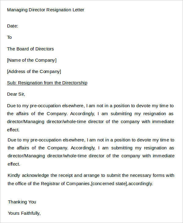 Sample Director Resignation Letters 14 Free Sample Example Format 