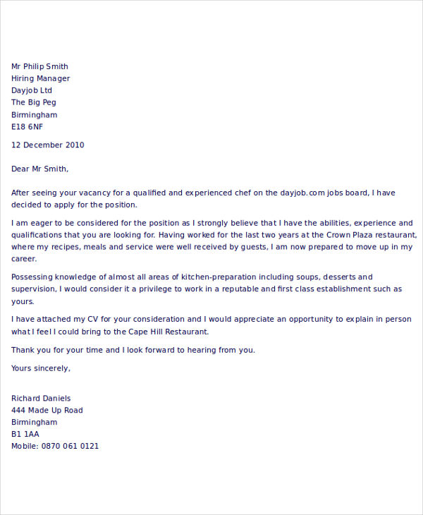 10 Job Application Letters For Chef Sample Example Format Download