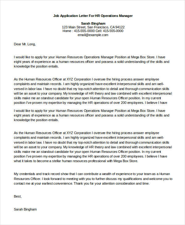 Sample Application Letter For Manager Position