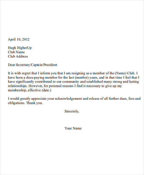 Membership Resignation Letters - 13+ Free Sample, Example, Format Download