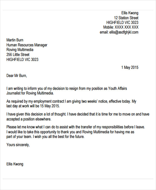 14 Basic Resignation Letters Free Sample Example Format Download
