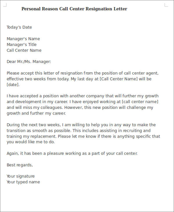 9 Personal Reasons Resignation Letters Free Sample Example Format 9 Personal Reasons Resignation Letters Free Sample Example Format