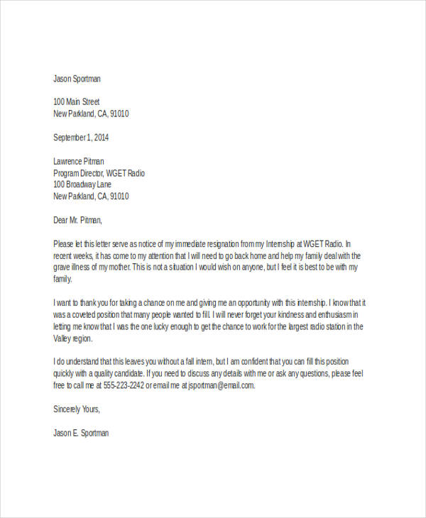 8+ Sample Internship Resignation Letters - Free Sample, Example Format ...