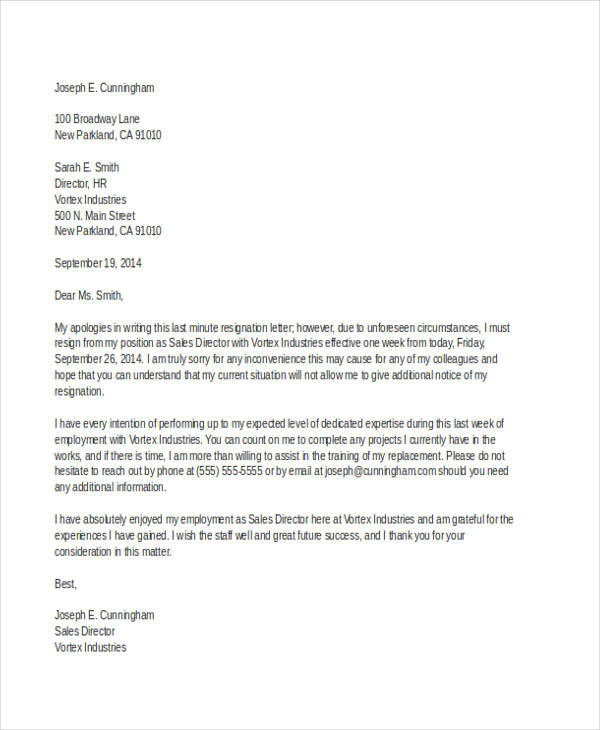 Last Minute Resignation Letter Collection Letter Template Collection