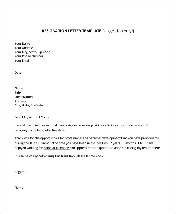 Resignation Letter Sample Email