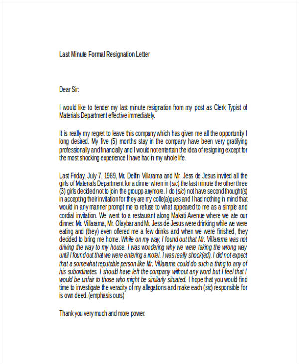 9 Last Minute Resignation Letters Free Sample Example Format Download