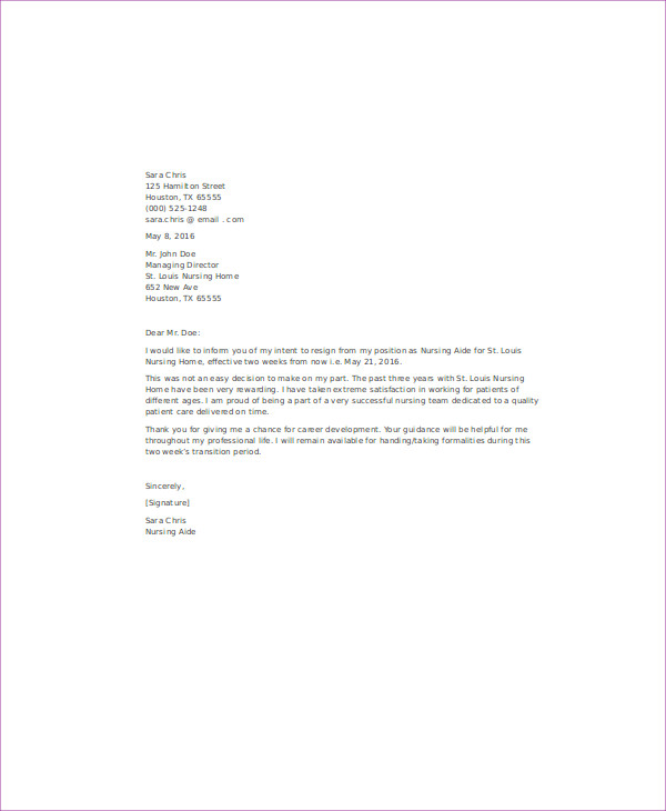 Resignation Letter For Nursing Assistant Sample Resignation Letter